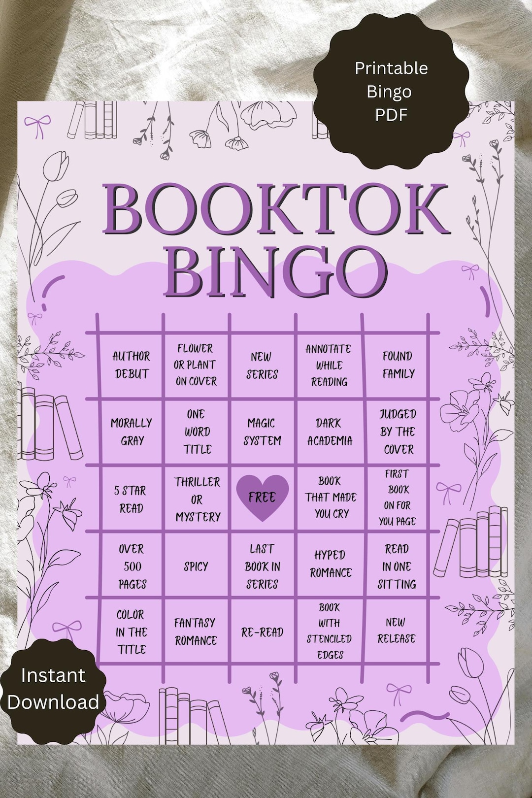Booktok Bingo Board Printable, Reading Challenge Tracker, Bookish Game ...