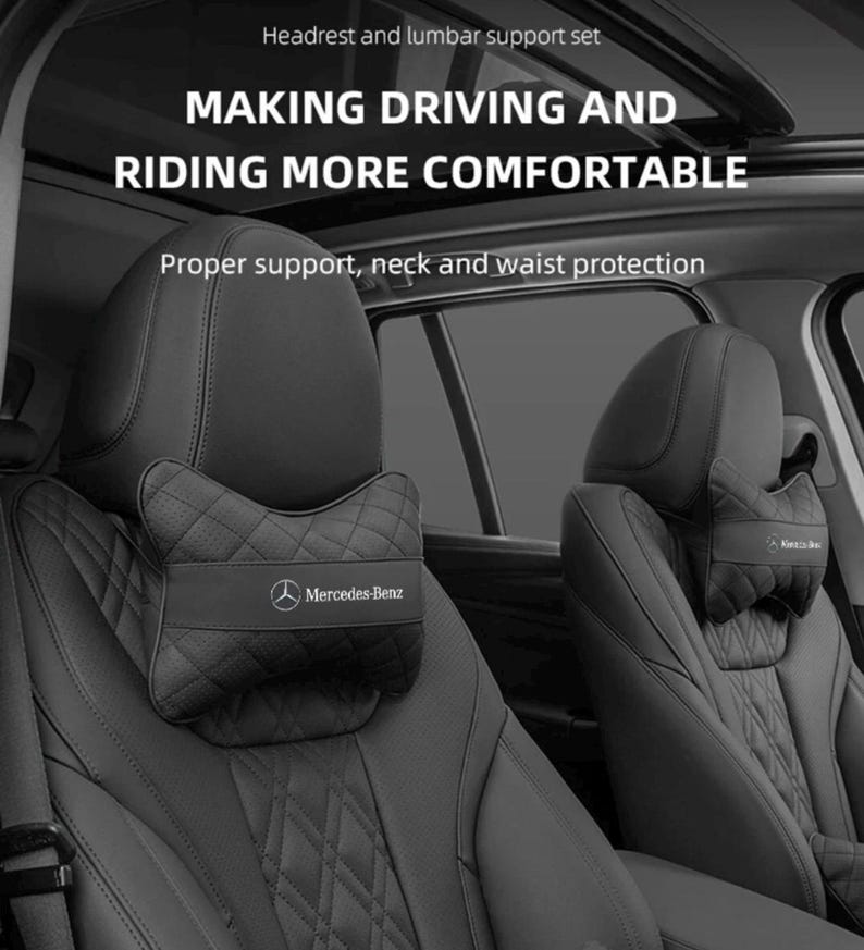 2x Mercedes Luxury Black Car Headrest Neck Support Pillow Pair Leather ...