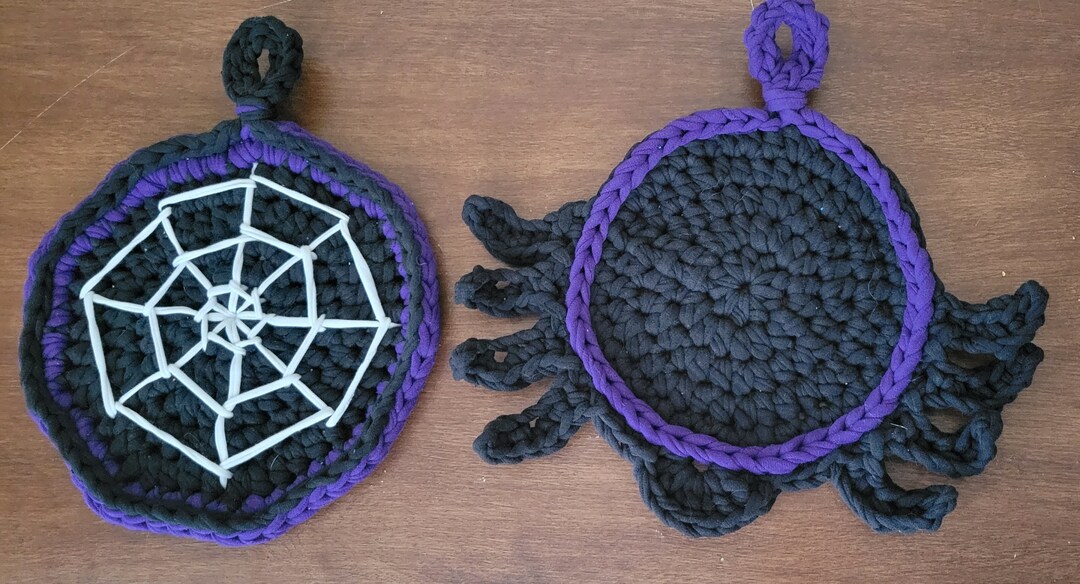 Handmade Crochet Trivets Upcycled Tshirts Halloween Spider and Web Set ...