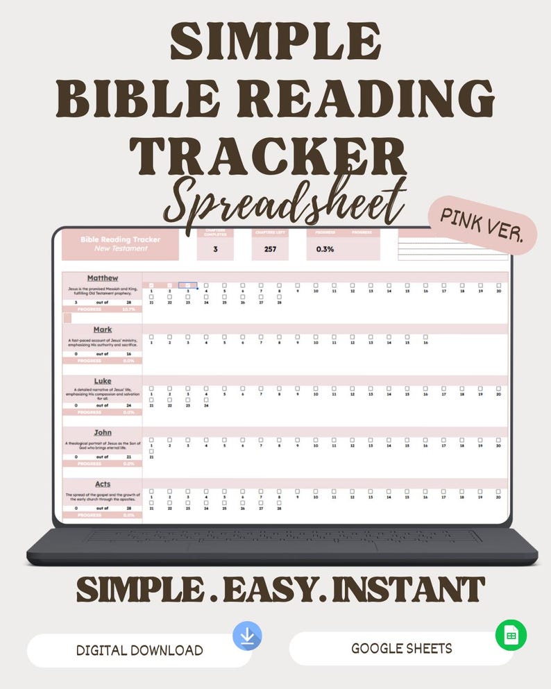 Simple Bible Reading Tracker Spreadsheet , Pink Digital Bible Planner ...