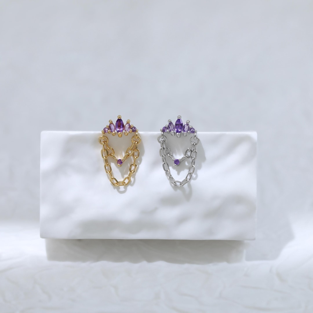 Amethyst Crown Dangle Chain Flat Back Stud | Sterling Silver Threadless ...