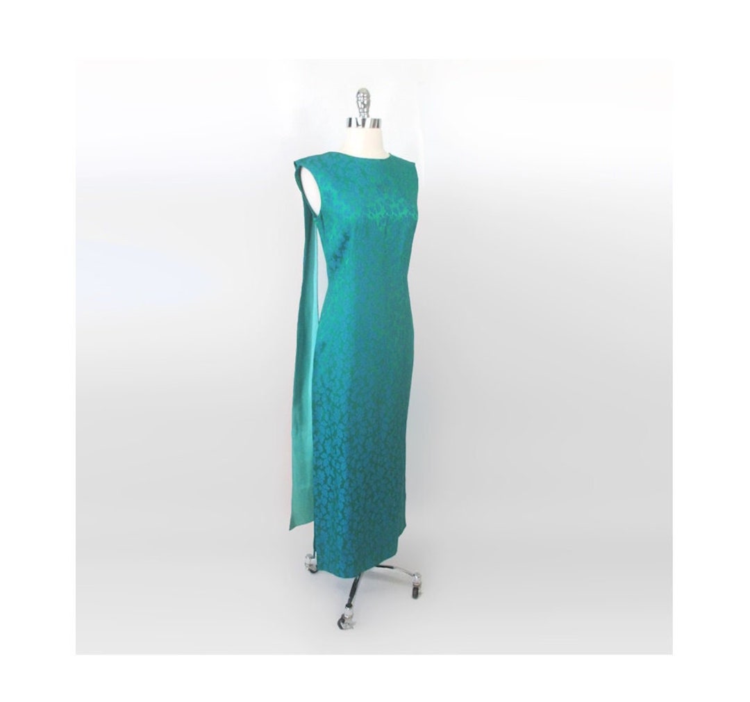 Vintage 60s Green Jacquard Shoulder Sash Hawaiian Dress Evening Gown M ...