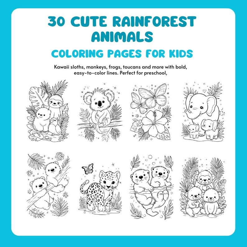 Rainforest Animals Coloring Pages – Kawaii Jungle for Kids – 30 ...