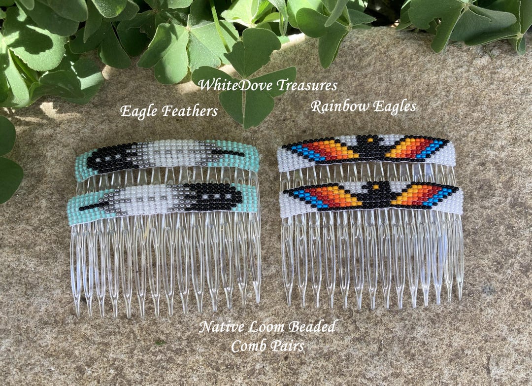 Native Eagle Feather Bead Comb, Rainbow Eagle Bead Comb Pairs, Loom ...