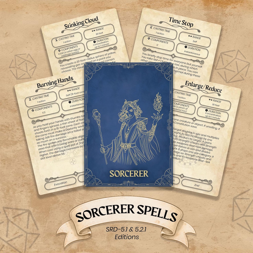 Sorcerer Spell Cards for Dungeons & Dragons 5th Edition - (printable ...