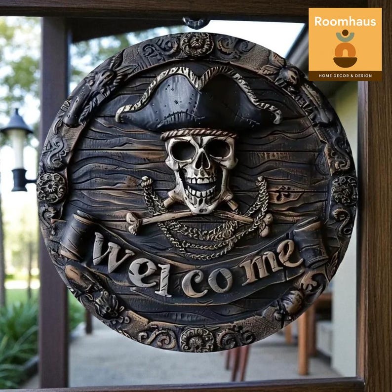 Pirate Skull Welcome Sign 2D: Vintage Sturdy Wood-look Halloween Decor ...