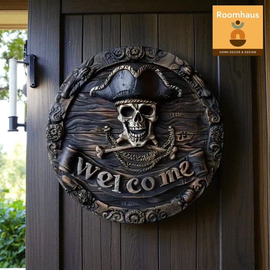 Pirate Skull Welcome Sign 2D: Vintage Sturdy Wood-look Halloween Decor ...