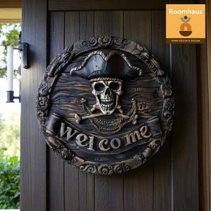 Pirate Skull Welcome Sign 2D: Vintage Sturdy Wood-look Halloween Decor ...