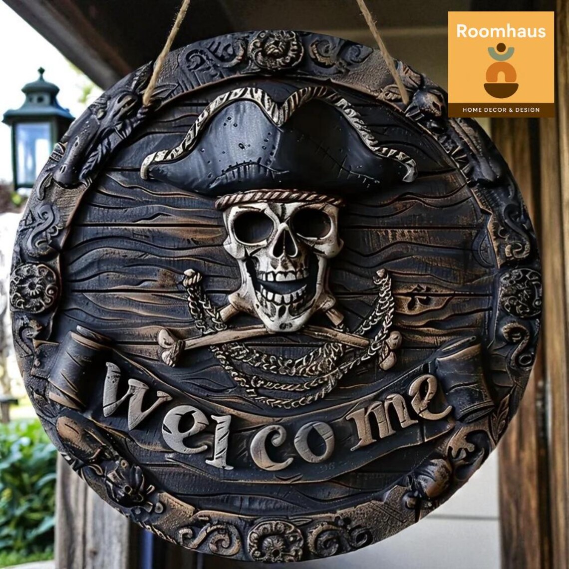 Pirate Skull Welcome Sign 2D: Vintage Sturdy Wood-look Halloween Decor ...