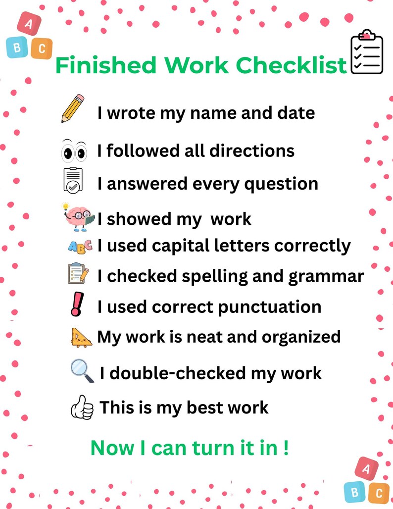 Finished Work Checklist K–5 | Editable & Printable | Student Self ...