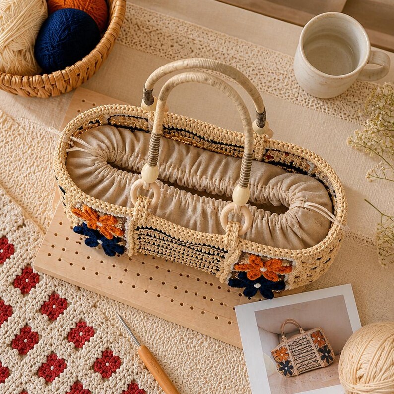Floral Crochet Handbag,handmade Raffia Tote With Drawstring Lining, Eco ...