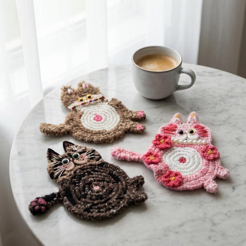 Crochet Cat Coaster, Handmade Kitty Mug Mat, Colorful Animal Coffee ...