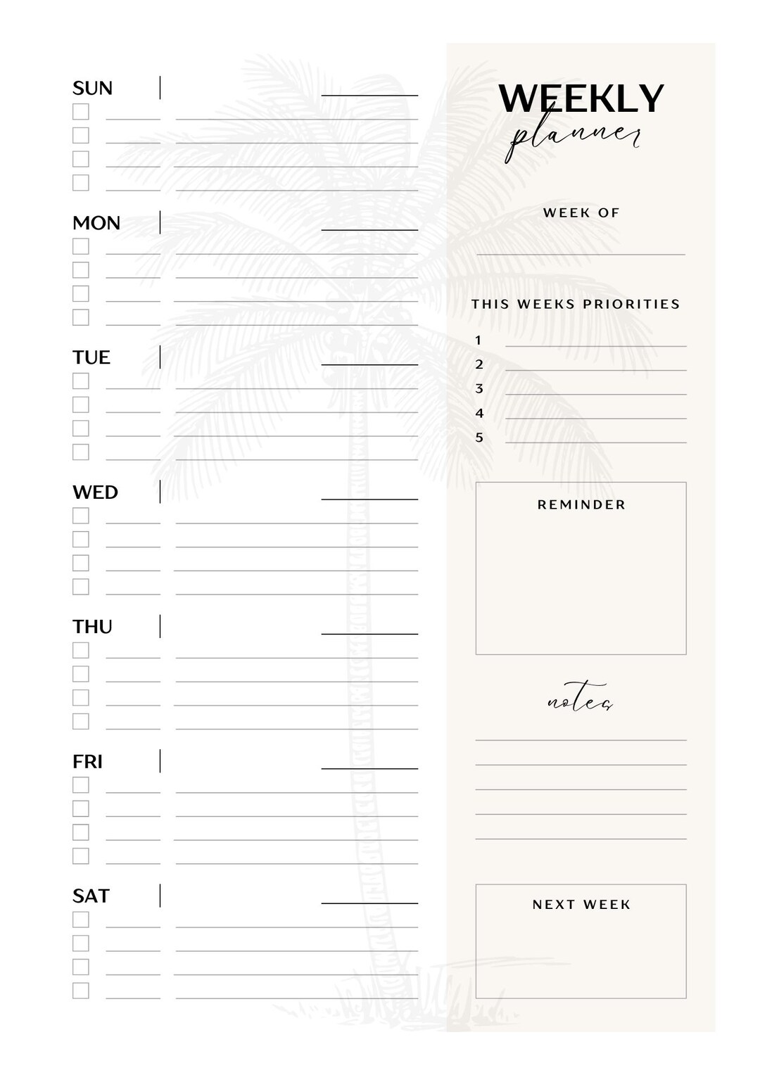 Weekly Planner - Palm Tree Design - Etsy