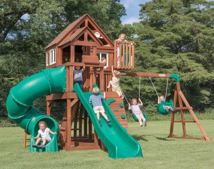 Outdoor Wood Playset With Clubhouse, Spiral Tube Slide, 10ft Wave Slide ...