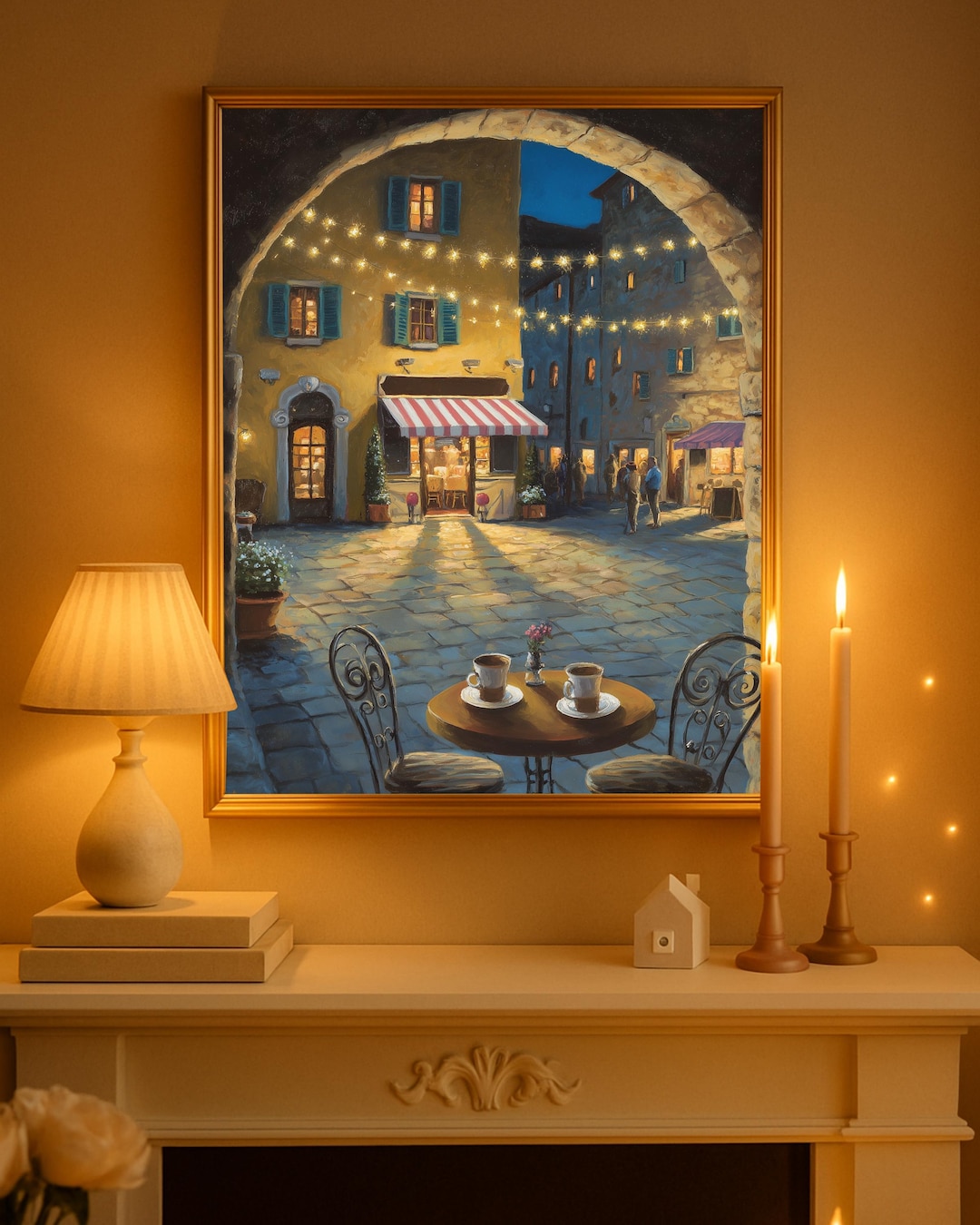 Italian Piazza Café Night Scene Wall Art • Romantic Italy Artful ...