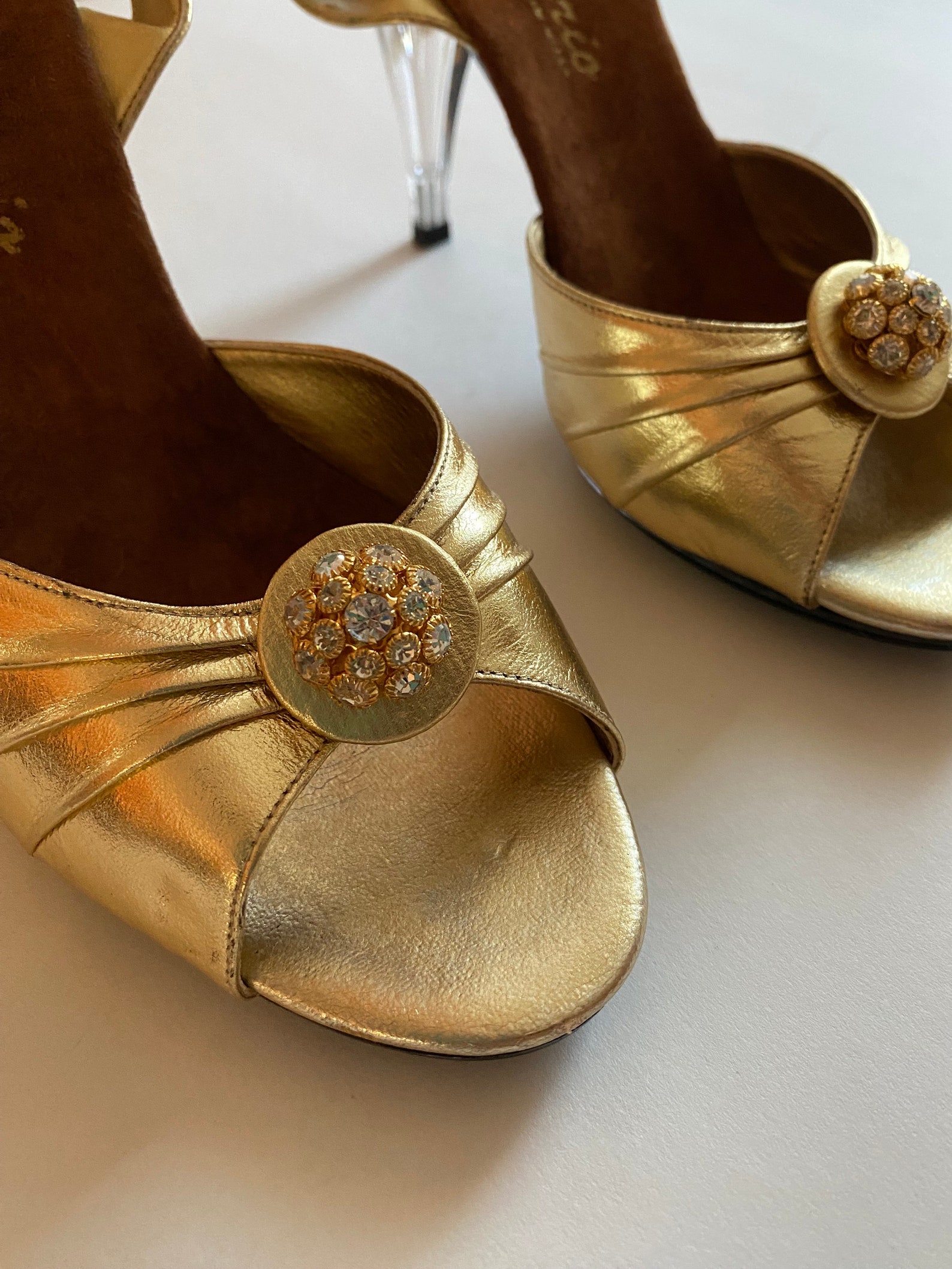 Vintage MCM Leather Crystal Embellished Gold Open Toe Lucite Heel Size ...
