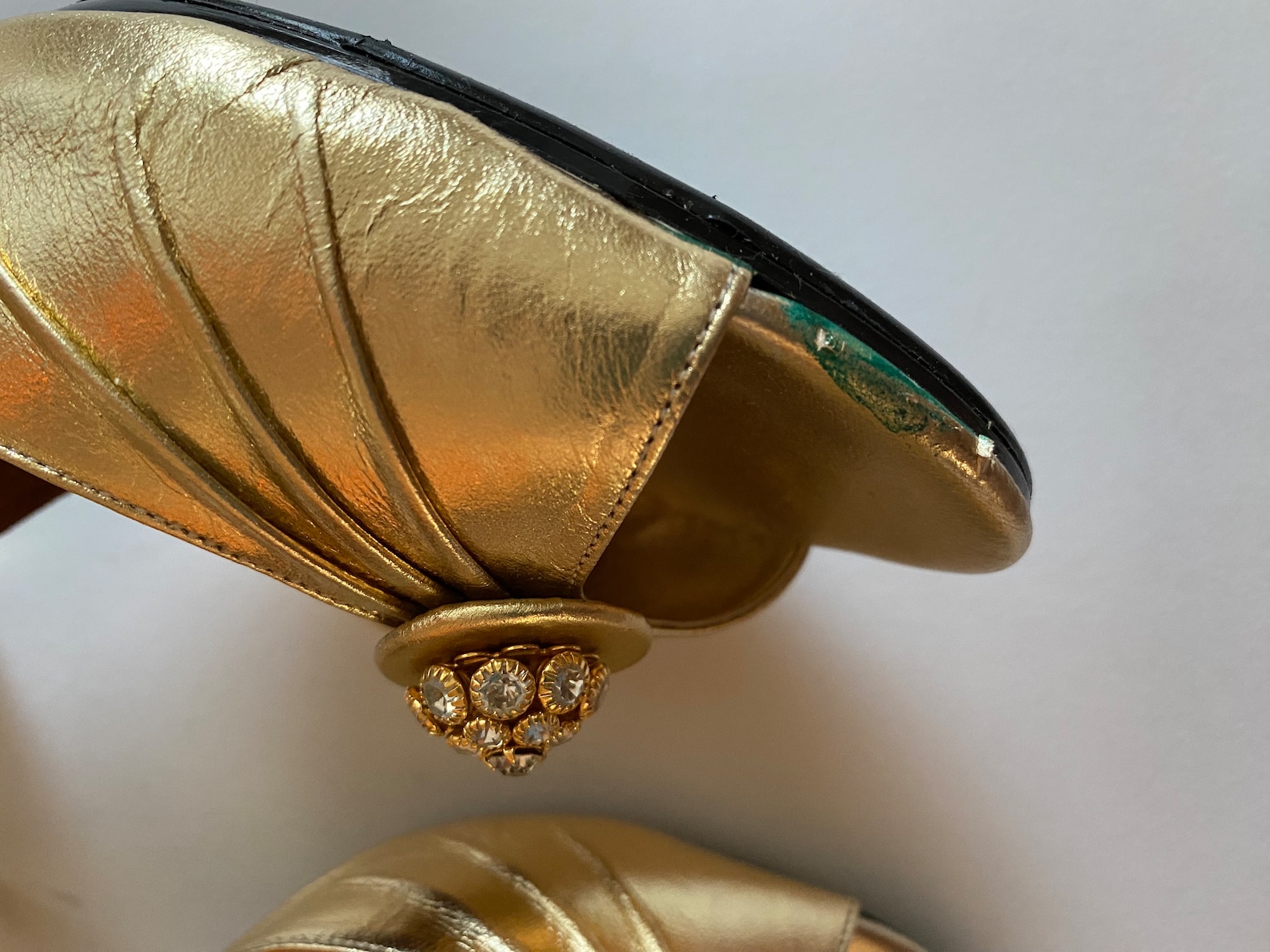 Vintage MCM Leather Crystal Embellished Gold Open Toe Lucite Heel Size ...