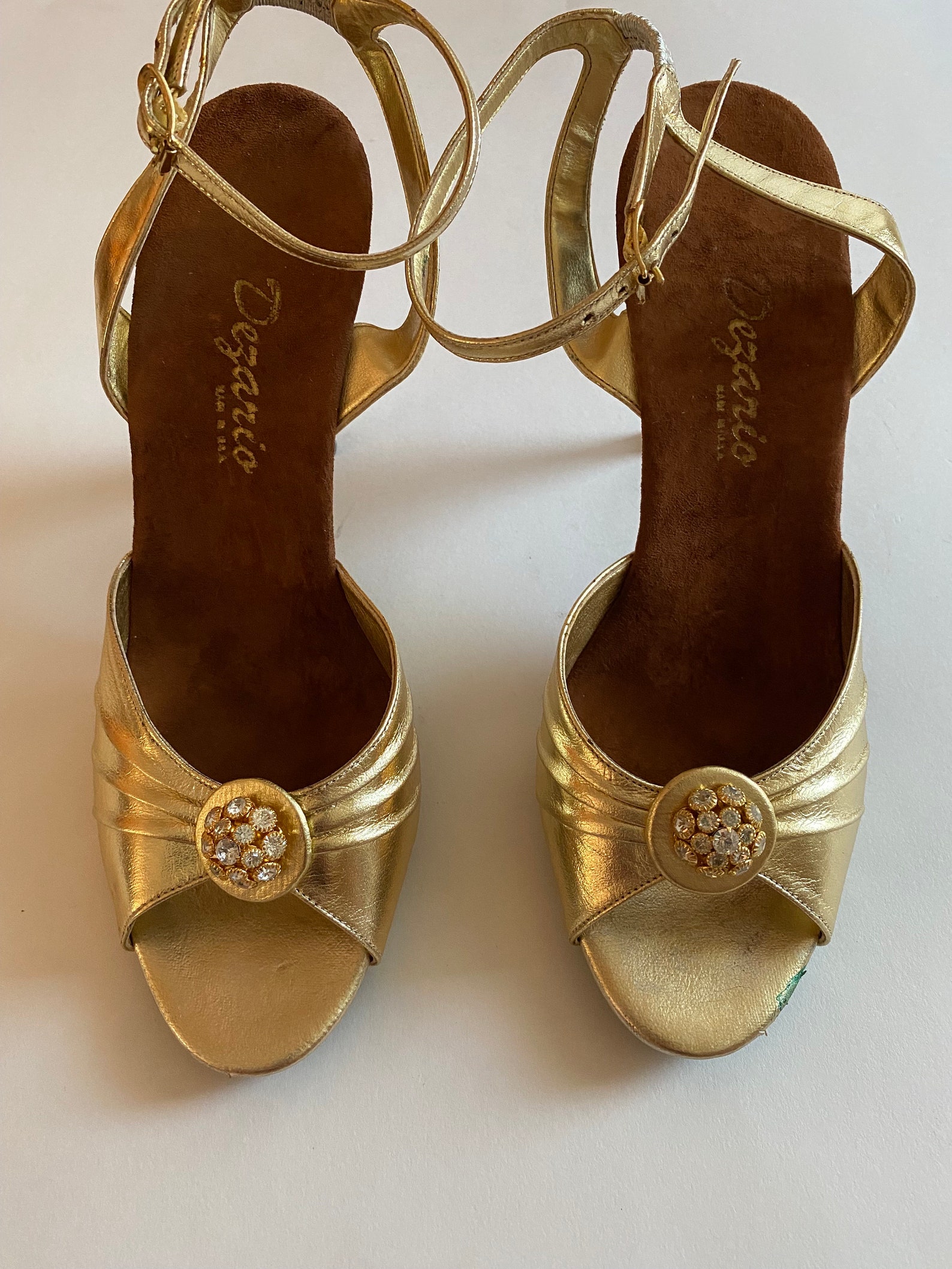 Vintage MCM Leather Crystal Embellished Gold Open Toe Lucite Heel Size ...