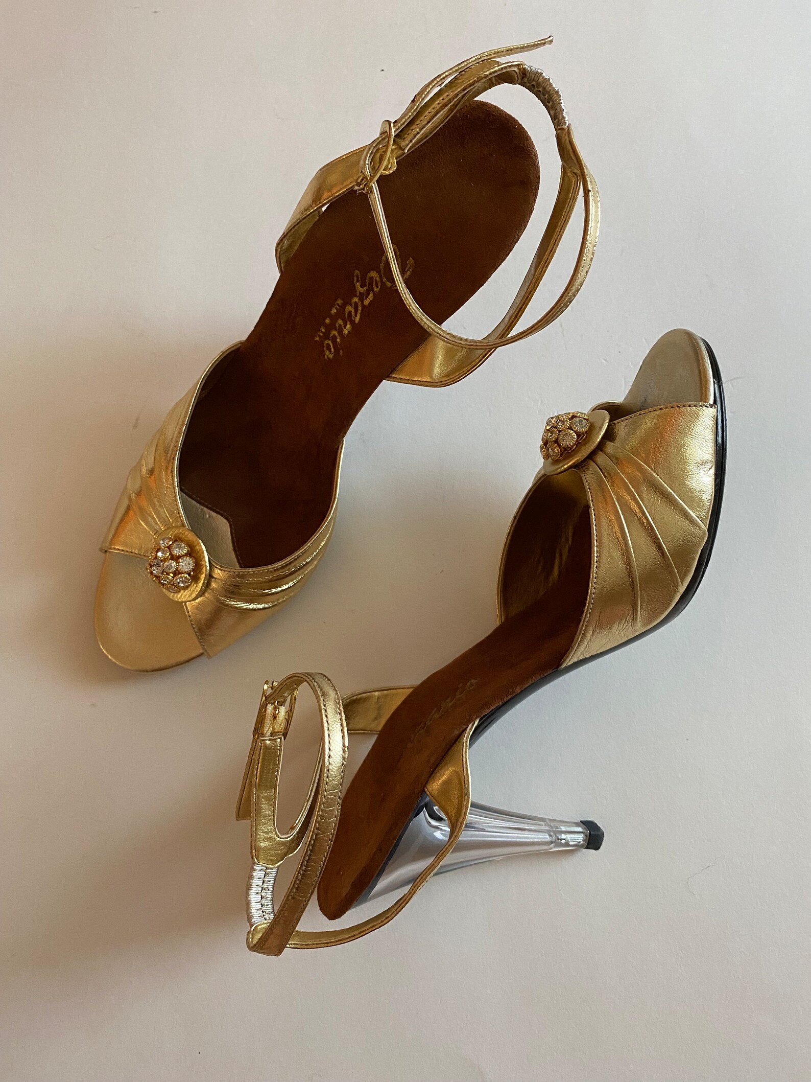 Vintage MCM Leather Crystal Embellished Gold Open Toe Lucite Heel Size ...