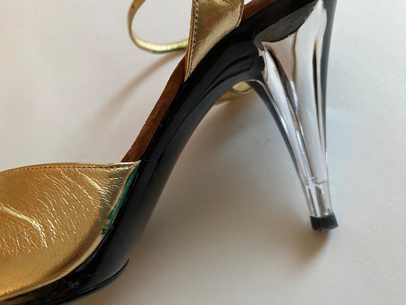 Vintage MCM Leather Crystal Embellished Gold Open Toe Lucite Heel Size ...
