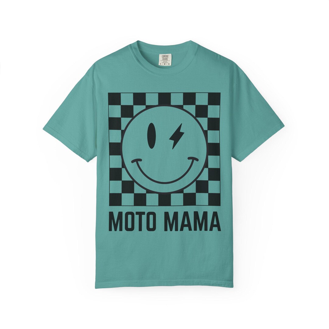 Moto Mama Graphic T-shirt Smiley Face & Checkered Racing Design - Etsy