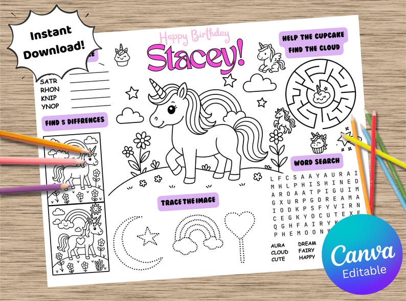 Editable Unicorn Birthday Party Coloring Placemat, Pastel Unicorn Four ...