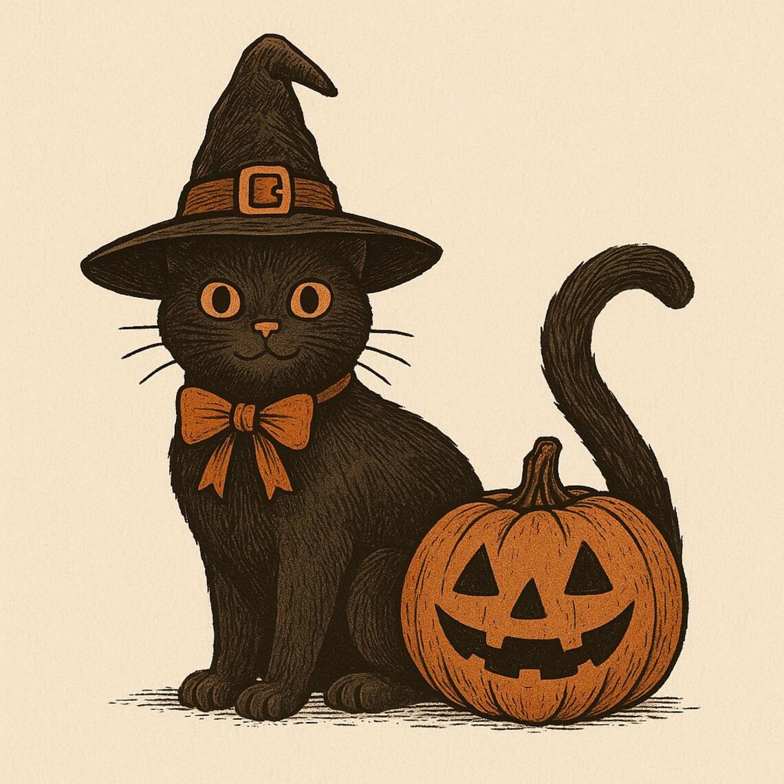 Vintage Halloween Black Cat PNG L Witch Hat Cat Pumpkin Clipart ...