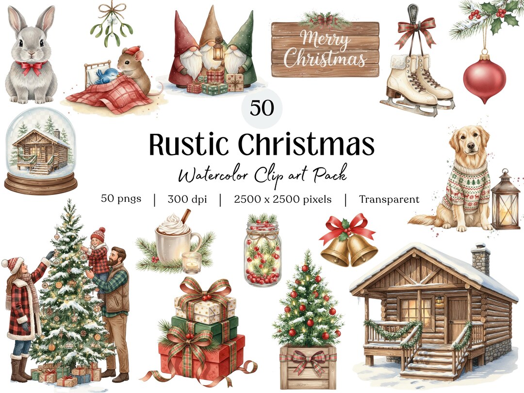 Christmas Clipart Bundle Watercolor Rustic Christmas Clipart Ornaments ...