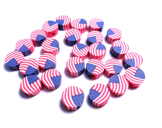20 Fimo Polymer Clay Round Beads USA American Flag Stars Red - Etsy