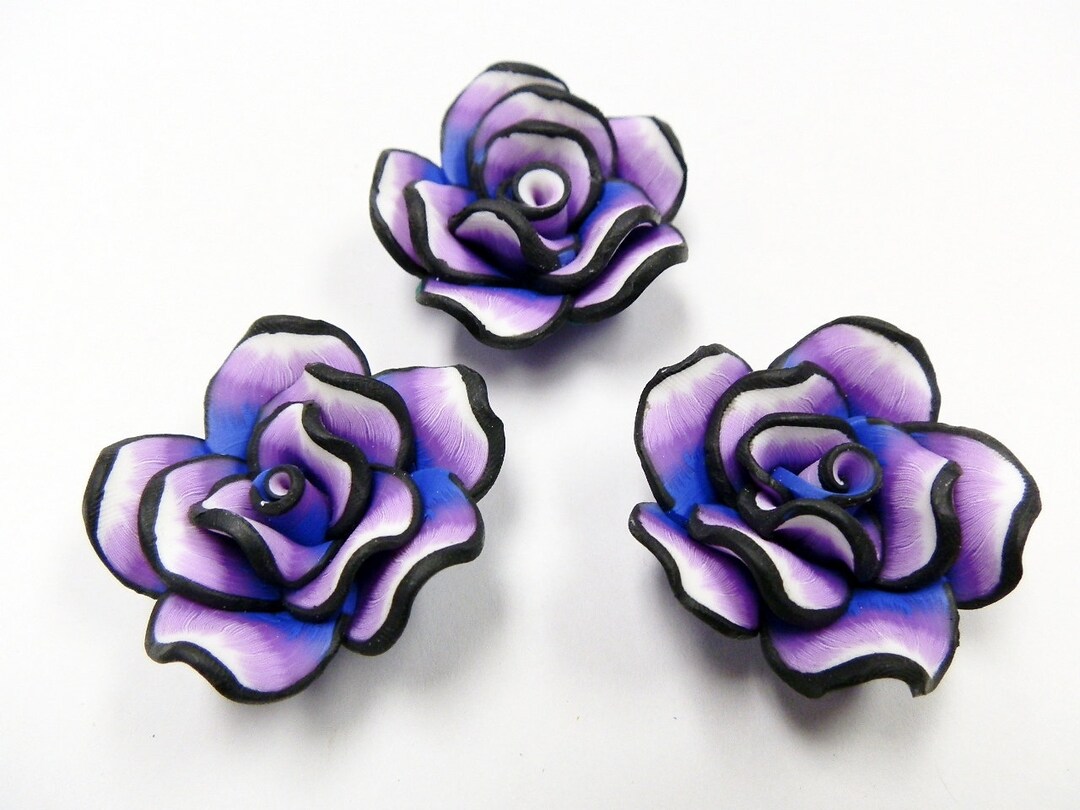 3 Fimo Polymer Clay Purple Black Flower Rose Fimo Beads 35mm - Etsy