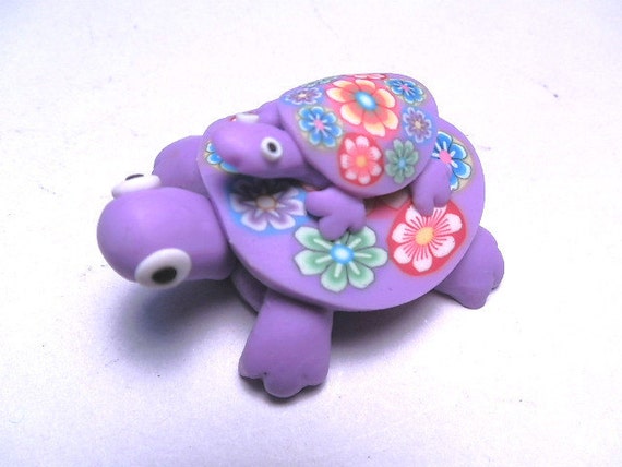 New Fimo Polymer Clay Violet Turtle W/ Baby Turtle Figurine | Etsy