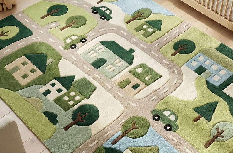 Children’s Town Design Wool Rug | Playful Village Pattern Hand Tufted ...