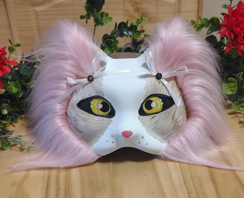 Pink and White Tabby Cat Therian Mask | Faux Fur Feline Cosplay Mask ...
