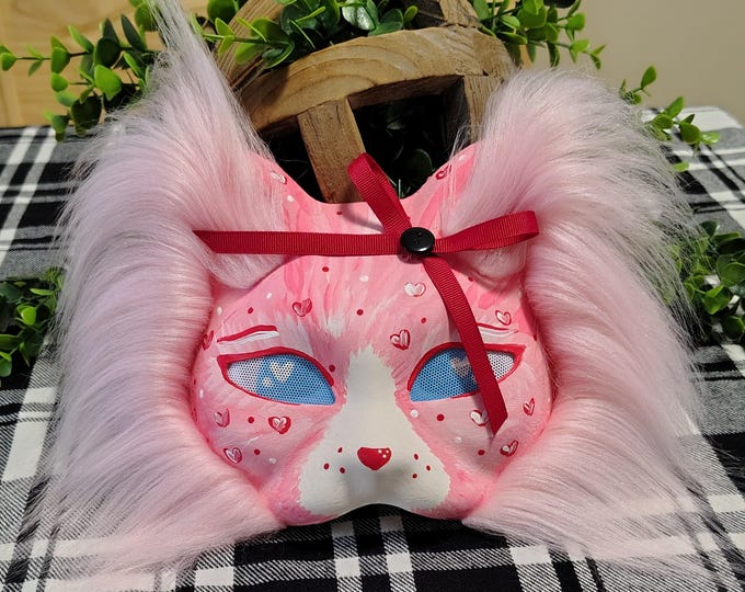 Valentine's Day Pink Cat Mask | Handmade Therian Fursuit Head | Fluffy ...