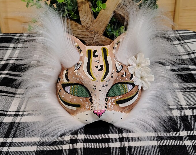 Hand-painted Lynx Therian Mask With Long White Fur Tufts – Custom Felid ...