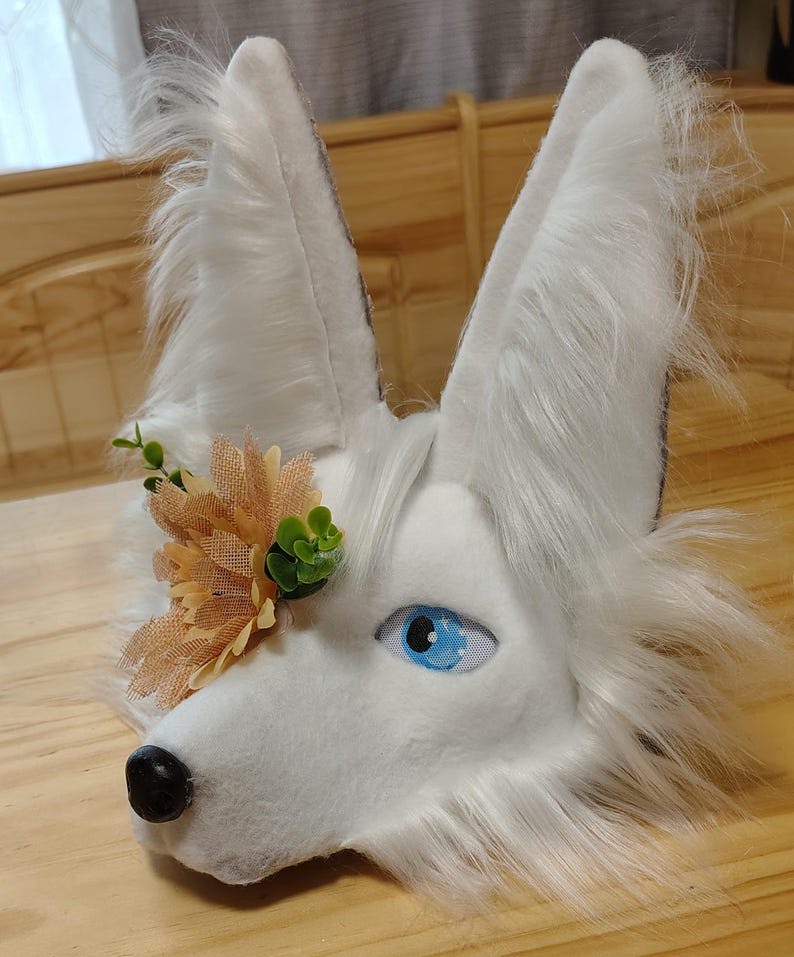 Handmade Arctic Wolf Fursuit Mask, White Canine Flower Mask, Cosplay ...