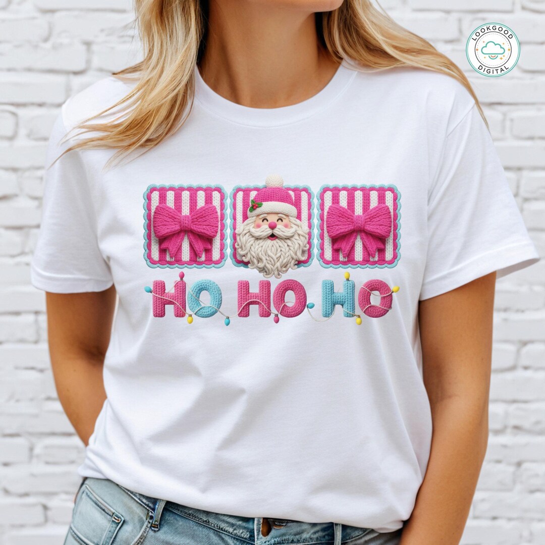 Preppy Santa Claus PNG, Faux Embroidery, Girly Christmas Bows (digital ...