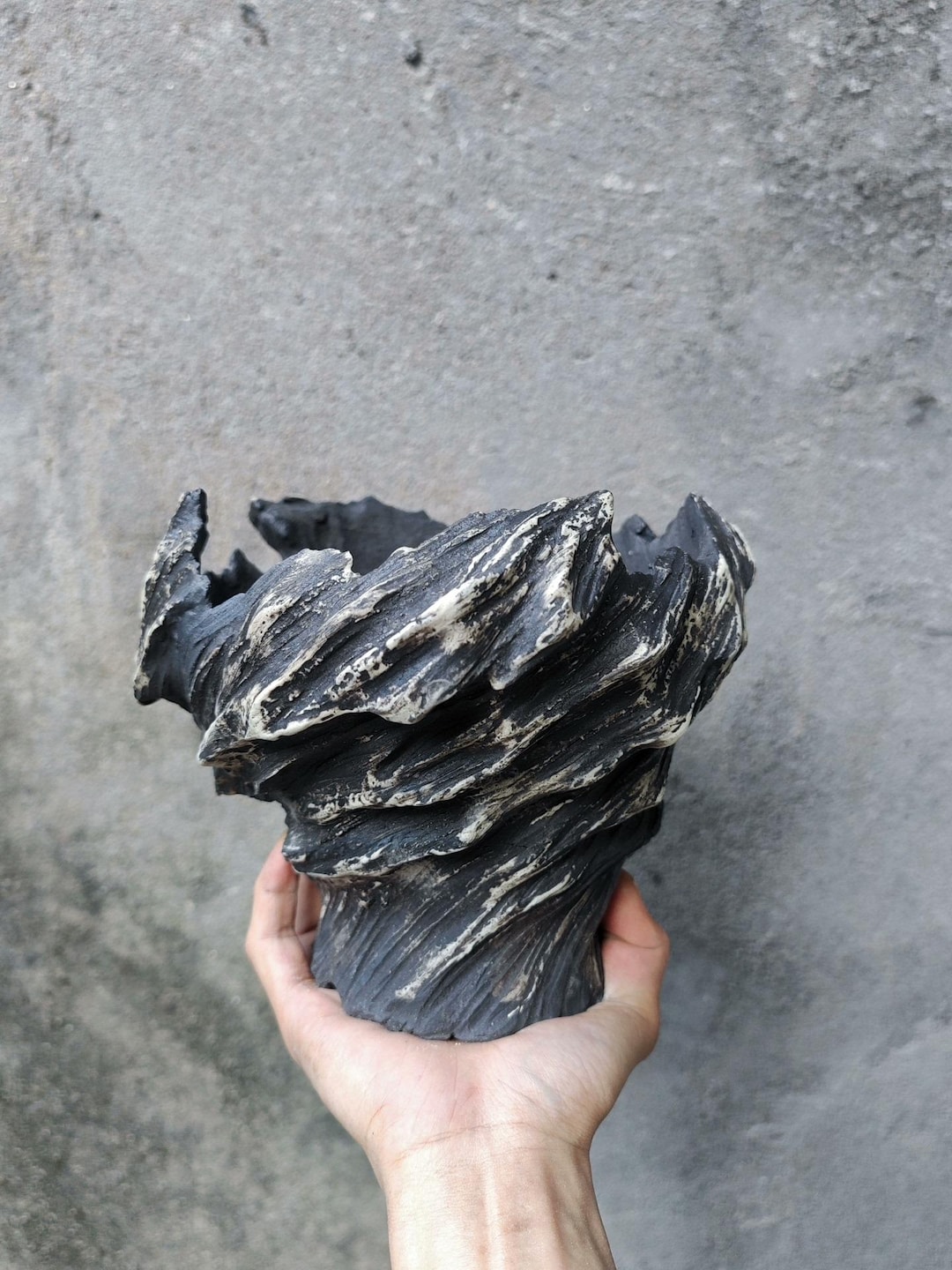 Handmade Black Ceramic Rock Texture Planter, Wavy Carved Succulent Pot ...