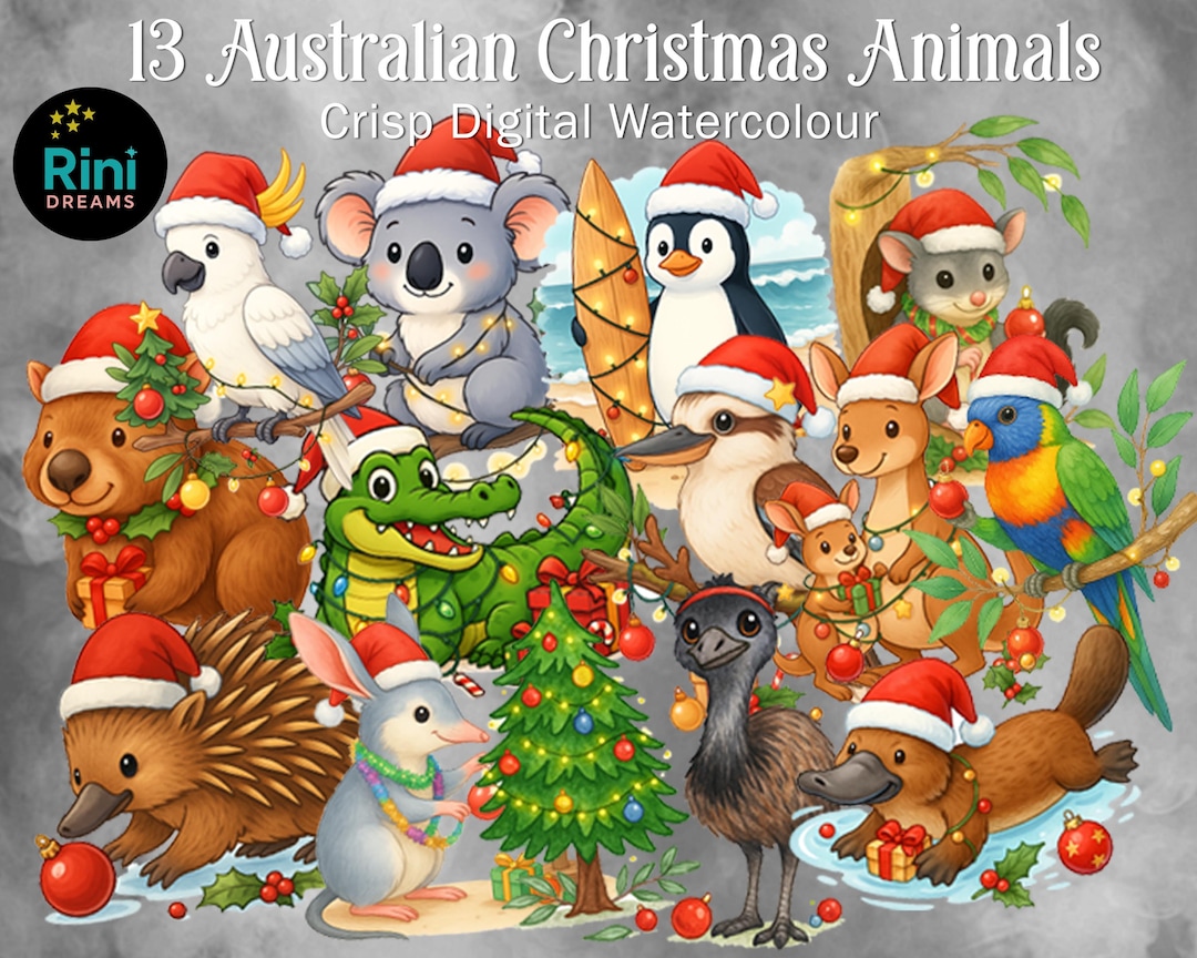 13 Australian Christmas Animals Clipart | Cartoon Watercolor PNG Set ...