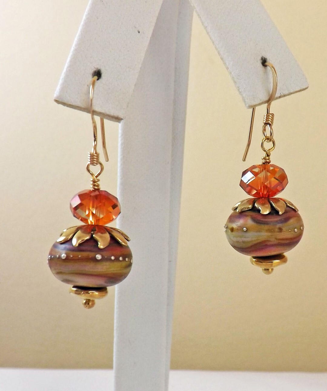 Rusty Red Gold Filled Earrings With Handmade Art Glass and Crystal ...