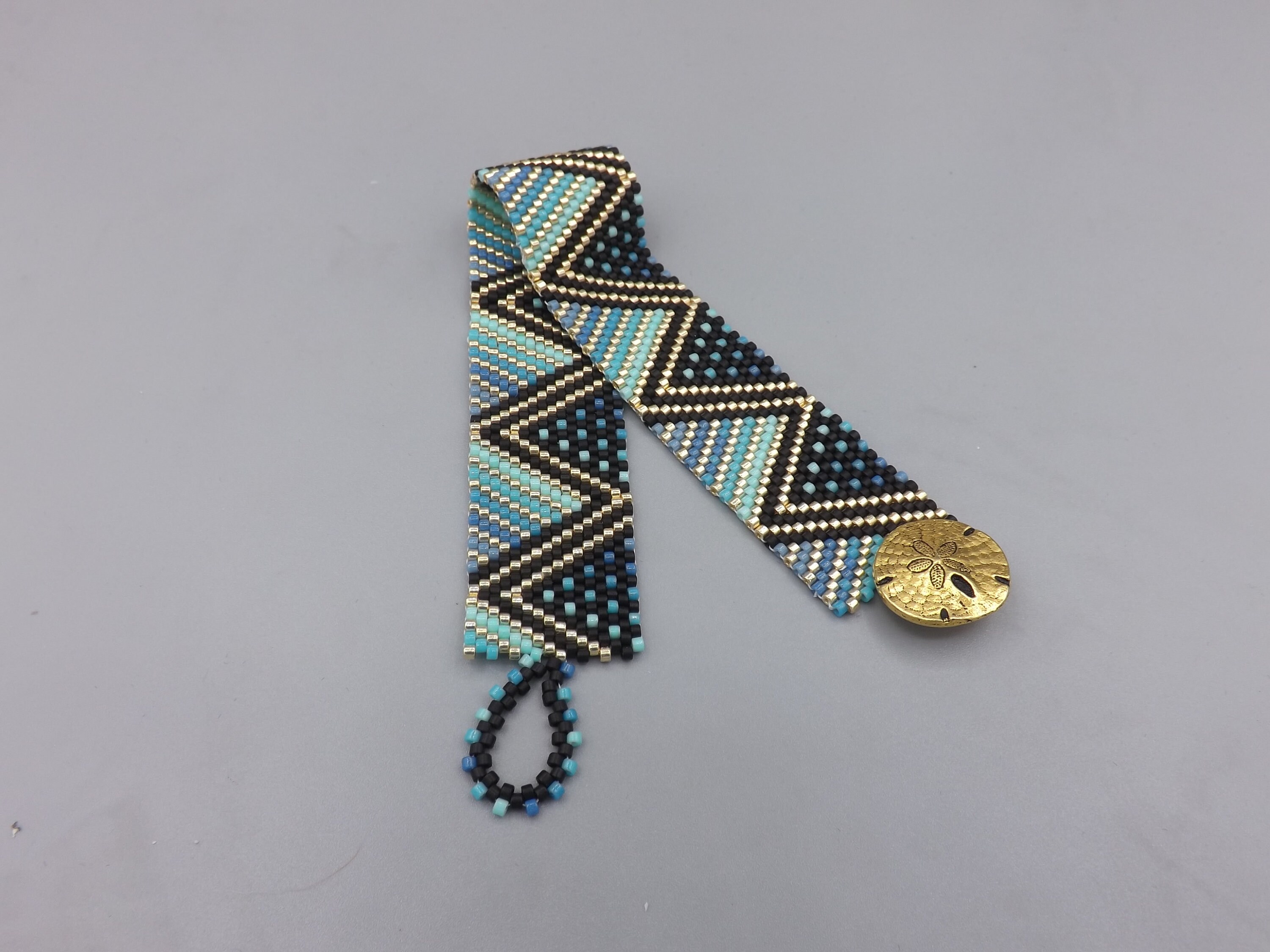 Handcrafted Blue, Gold, and Black Hand Beadwoven Peyote Stich Bracelet ...