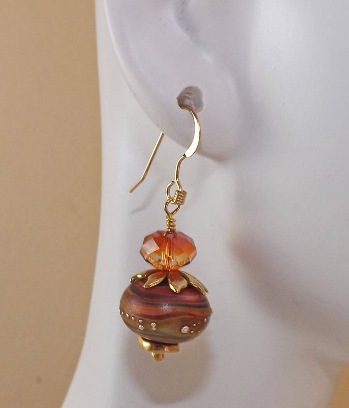 Rusty Red Gold Filled Earrings With Handmade Art Glass and Crystal ...