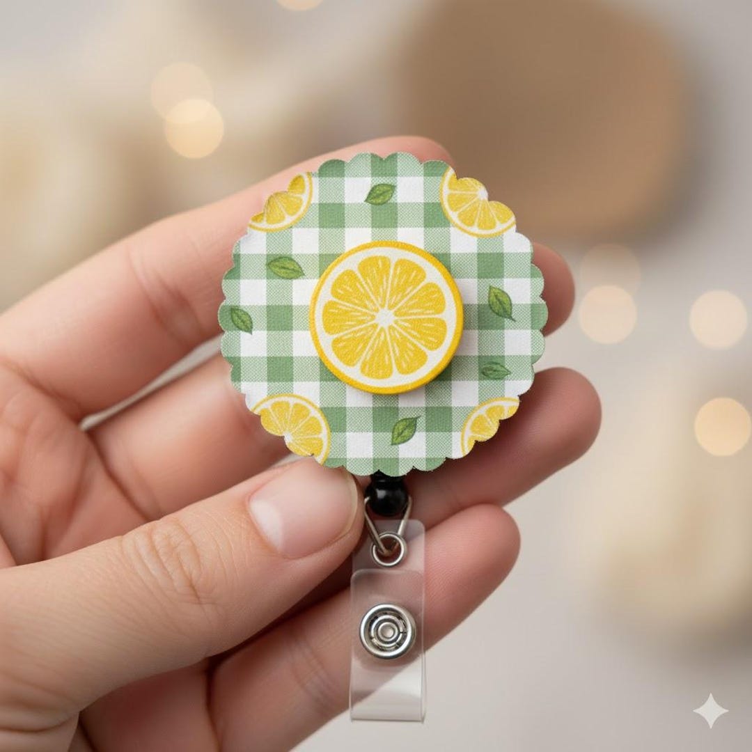 Lemon Gingham Badge Reel - Cute Citrus Retractable ID Holder - Etsy