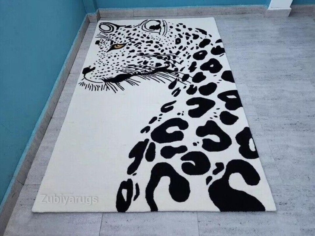 Modern Leopard Print Wool Rug: Black and White Animal Design - Etsy