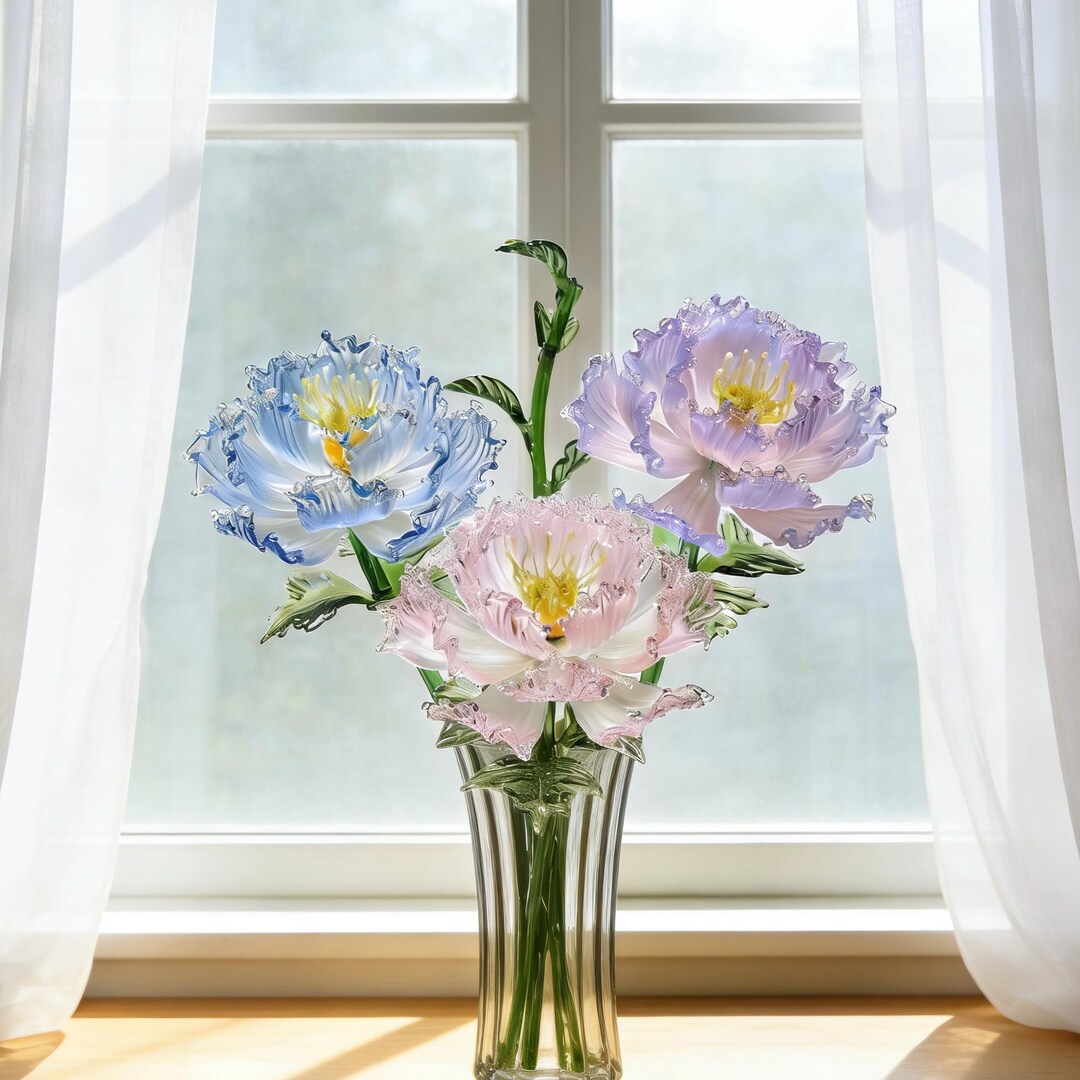 Handmade Peony Glass Flower Sculpture, Blown Glass Floral Art, Elegant ...