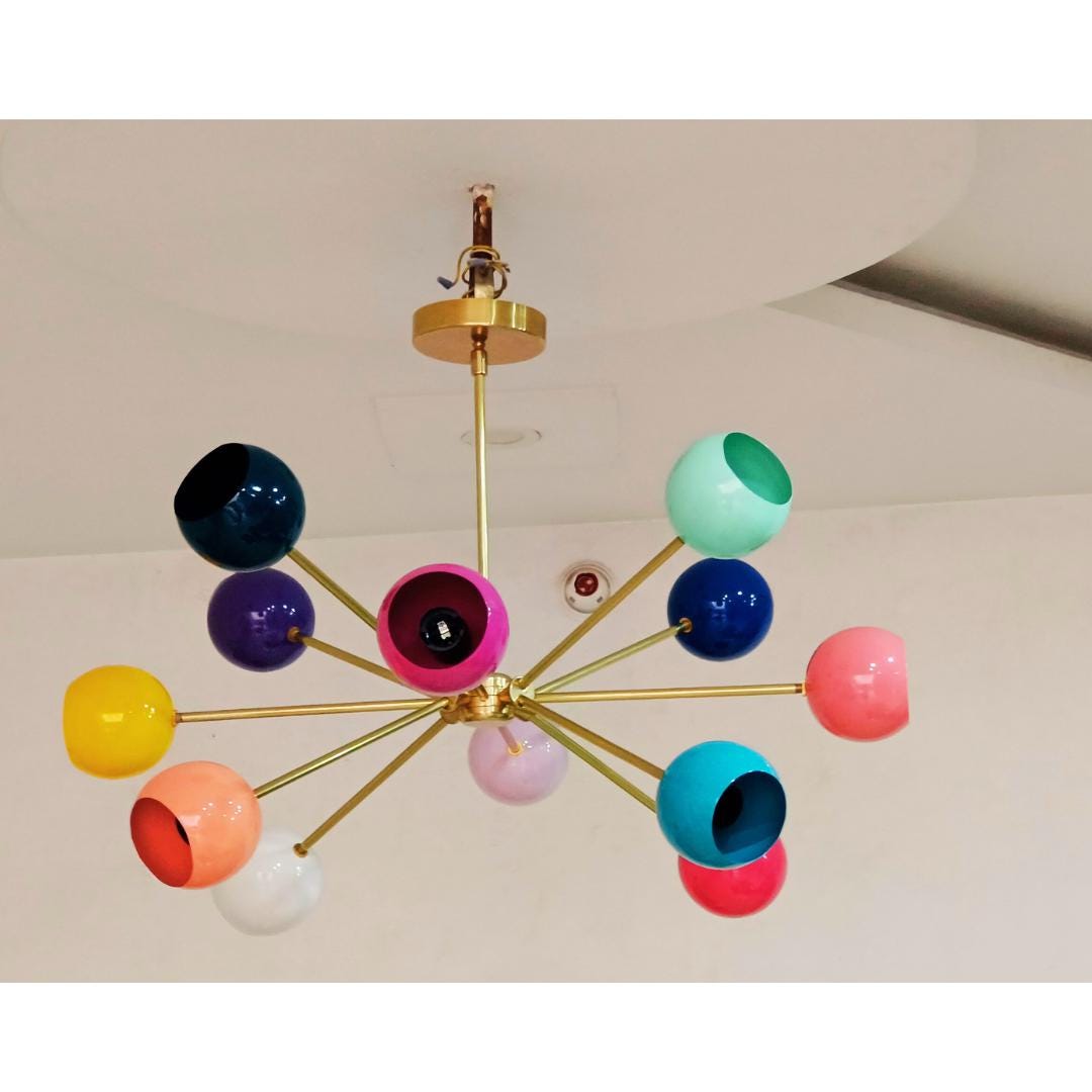 Mid Century 12 Arm Multicolour Eyeball Shade Brass Ceiling Chandelier ...