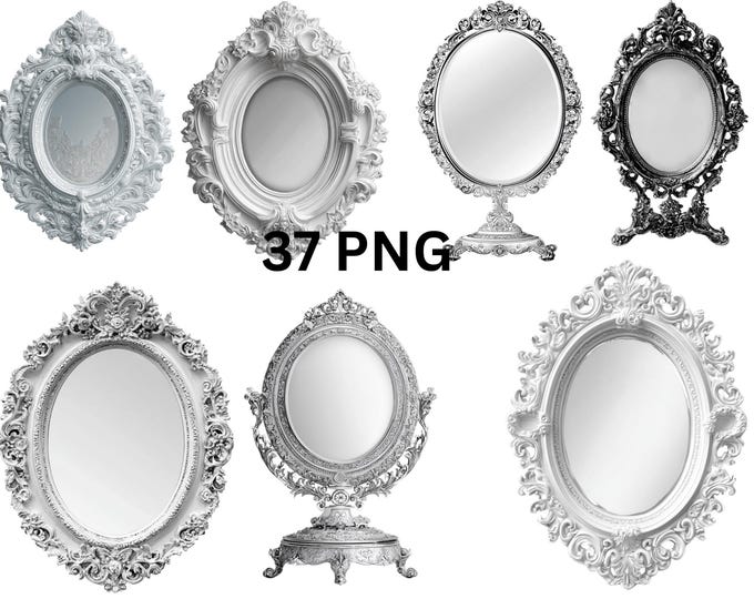 12x Vintage Mirror PNG Clipart, Floral Hand Mirror Clip Art Set ...