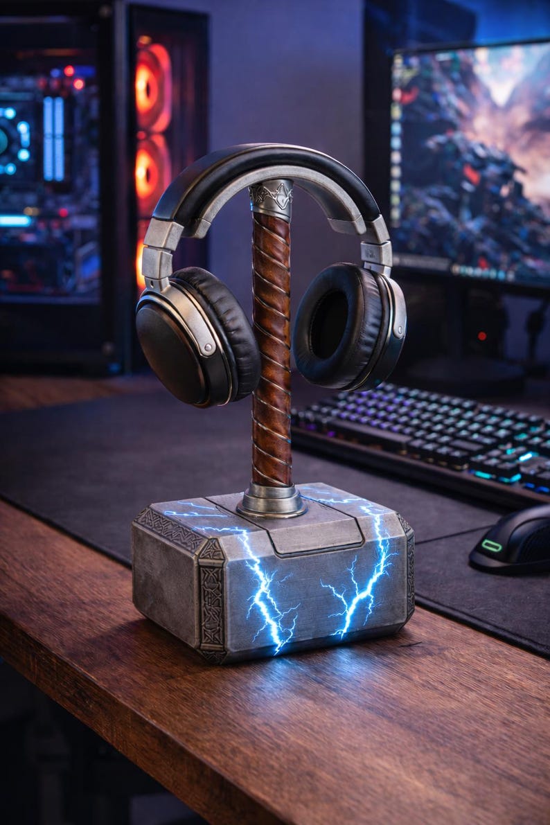 3D Printable Gaming Desk Headphone Holder | Thor Hammer Headphone Stand ...