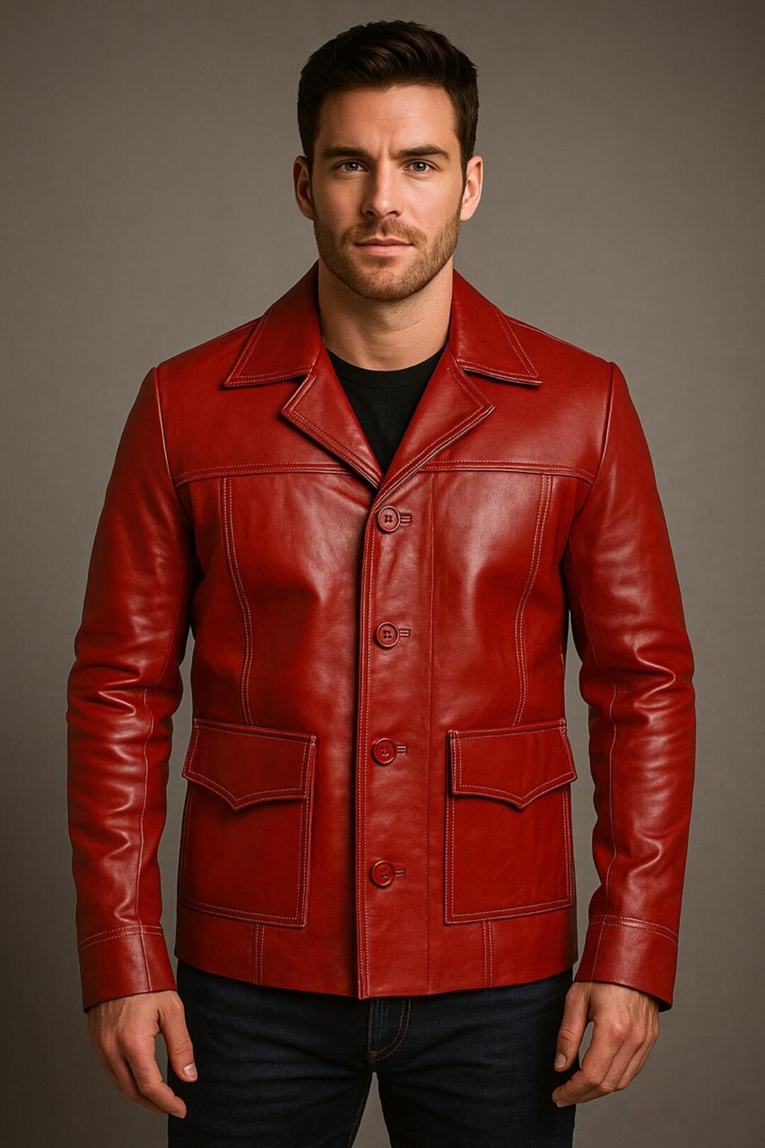 Brad Pitt Fight Club Red Leather Jacket for Men, Tyler Durden 90s Movie ...