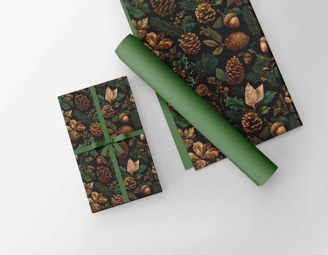 Green Pine Cone Holiday Wrapping Paper: Emerald Forest Design - Etsy